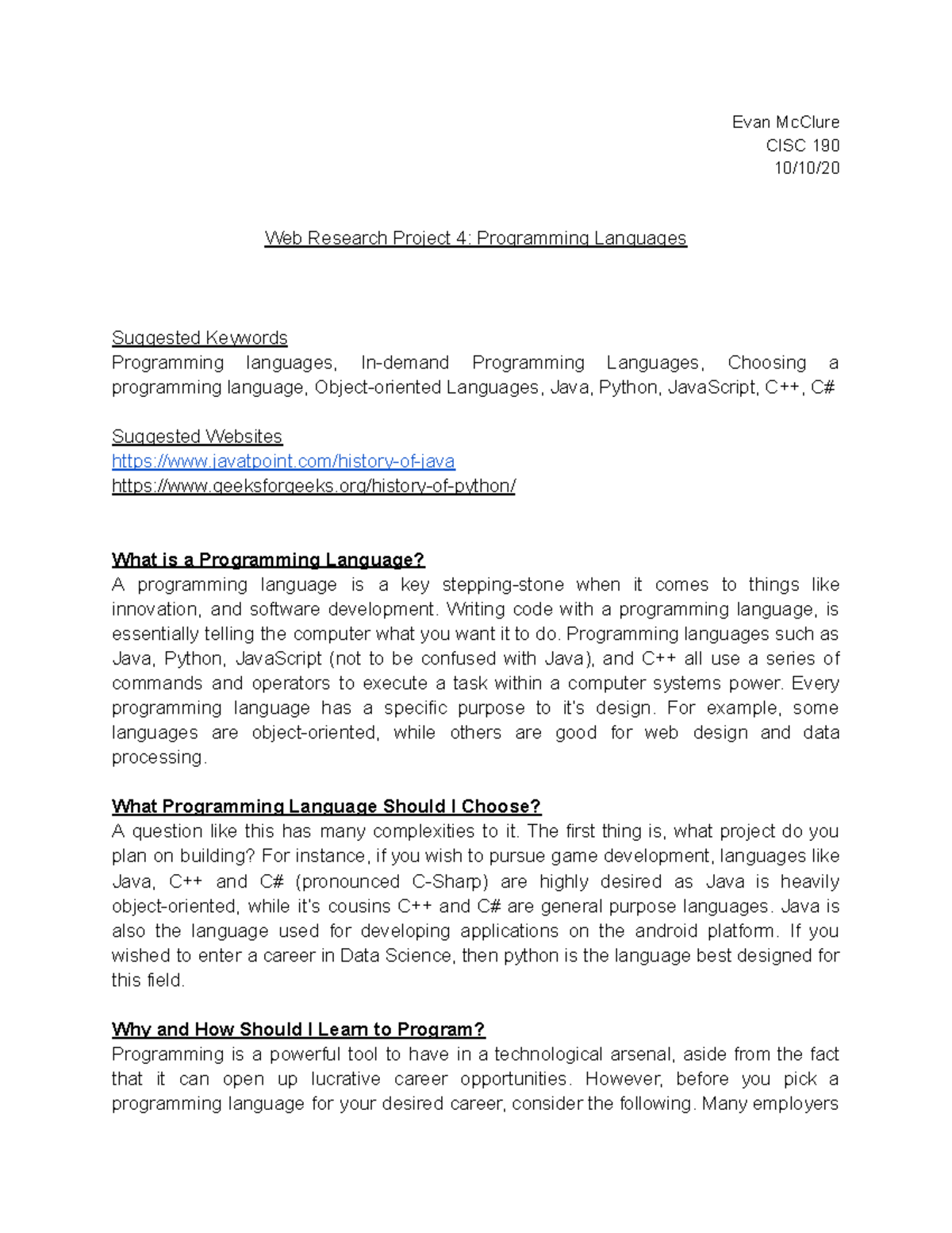 Proj 4 Programming Languages - Evan McClure CISC 190 10/10/ Web Research Project 4: Programming ...