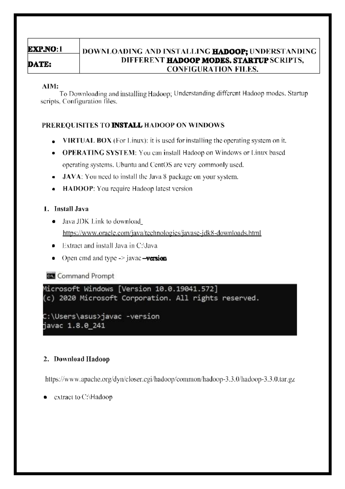 CCS334 bda lab manual - EXP:1 DOWNLOADING AND INSTALLING UNDERSTANDING DATE: DIFFERENT HADOOP ...