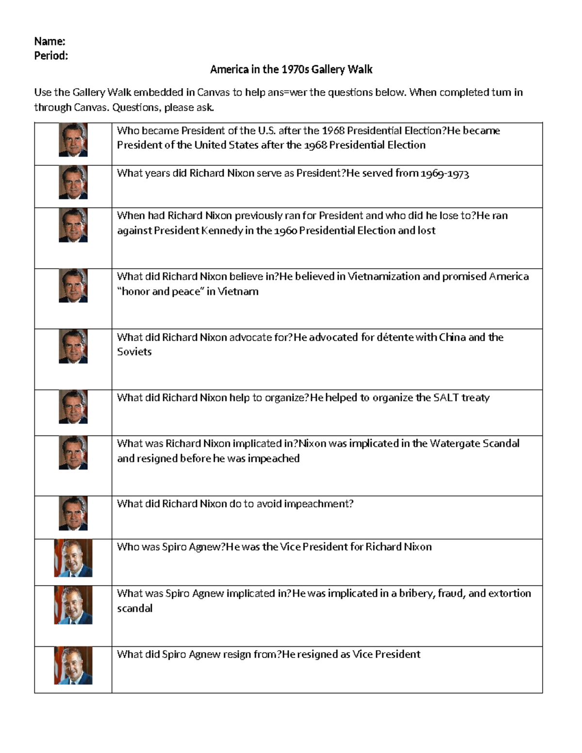 Copy of 1970s Gallery Walk Questions (2022) - Name: Period: America in ...