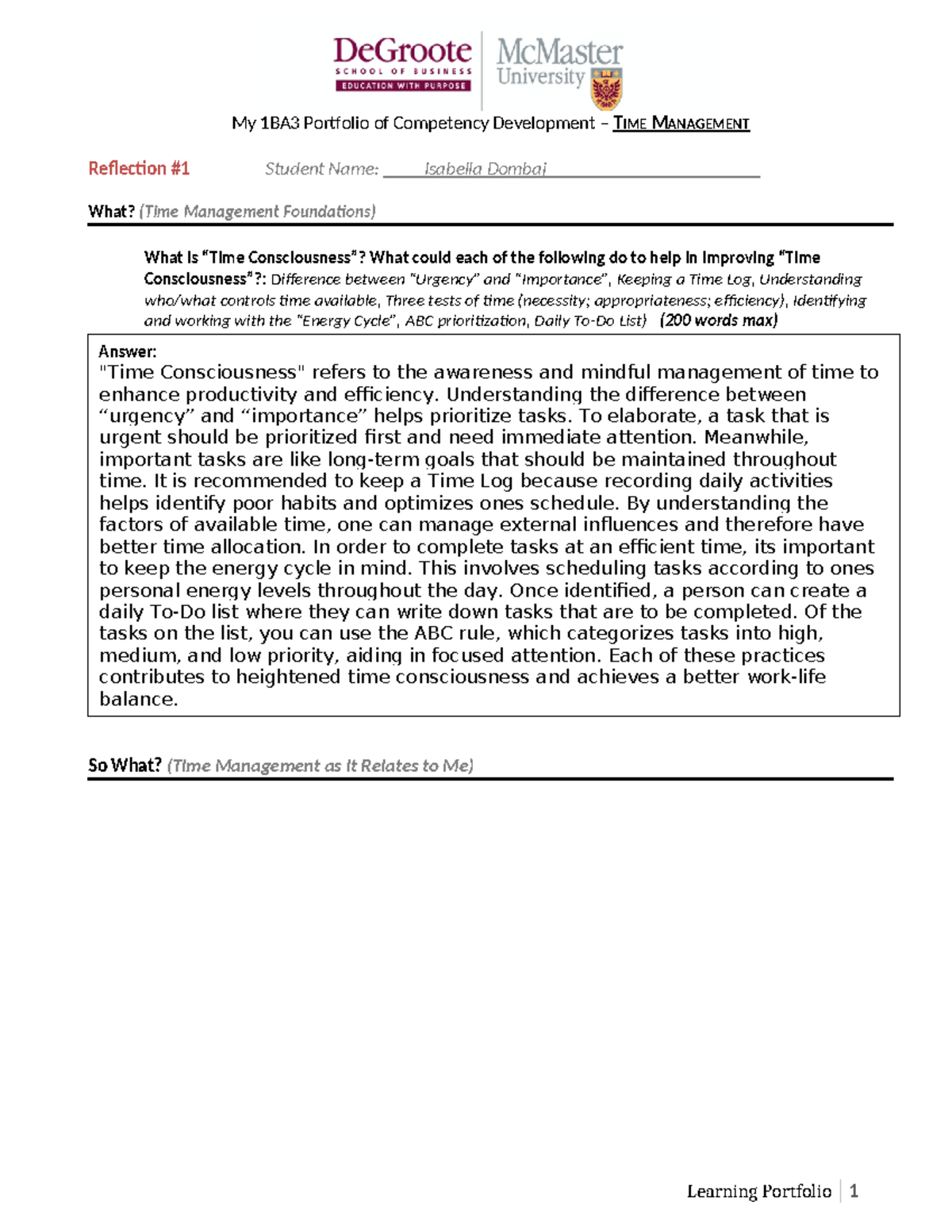 LP Reflection #1 - 1BA3 - Time Management - My 1BA3 Portfolio of Competency Development – TIME ...