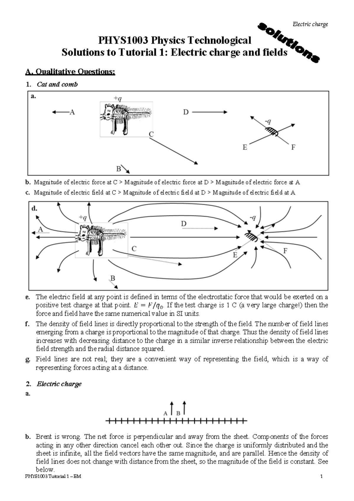 Tute01Tec Solutions - Electric charge PHYS1003 Tutorial 1 – EM 1 ...
