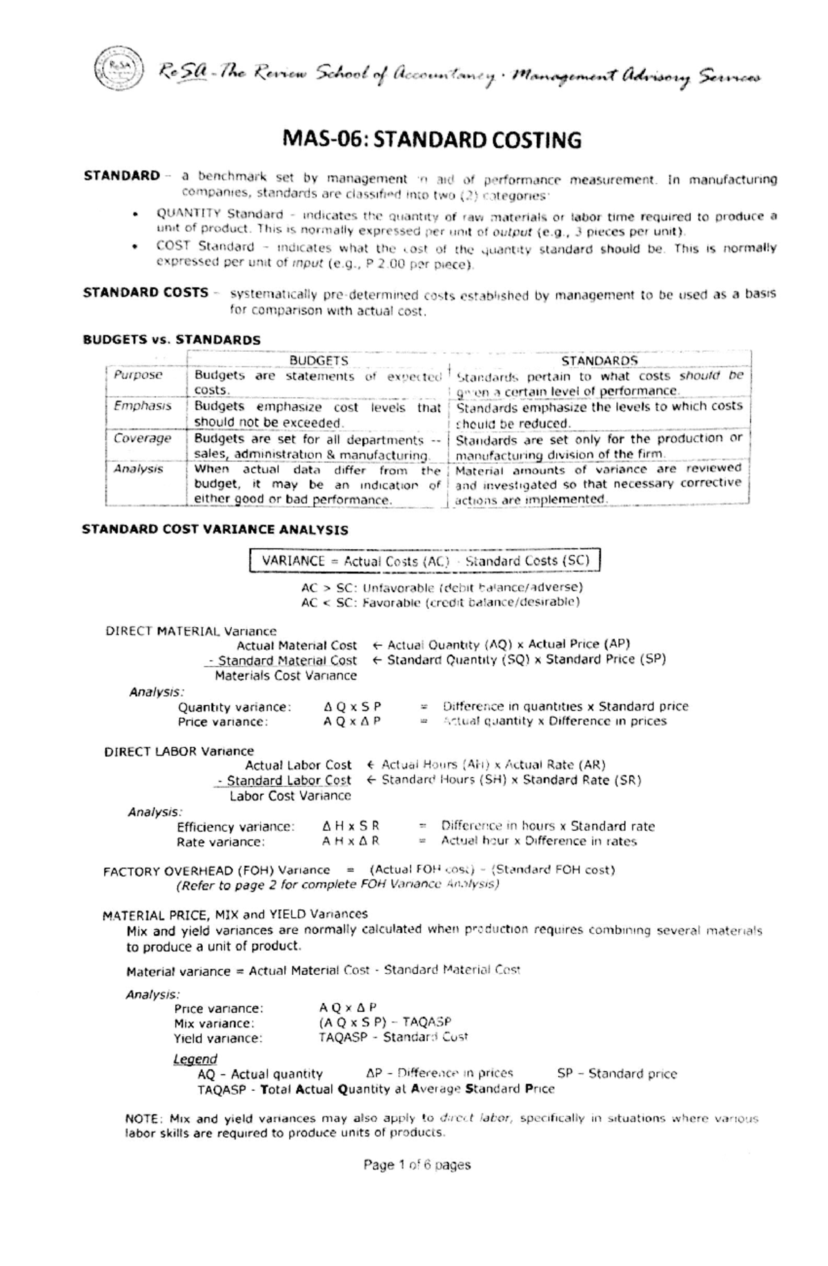 MAS 06 - Standard Costing - Accountancy - Studocu
