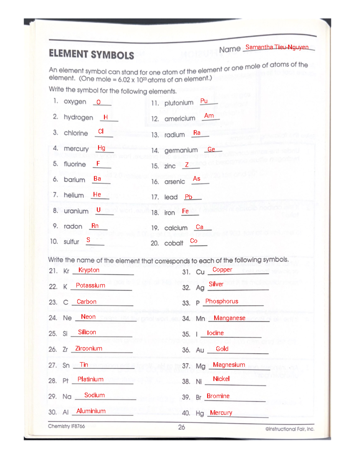Element Practice[ 5845] - ELEMENT SYMBOLS An element symbol can stand ...