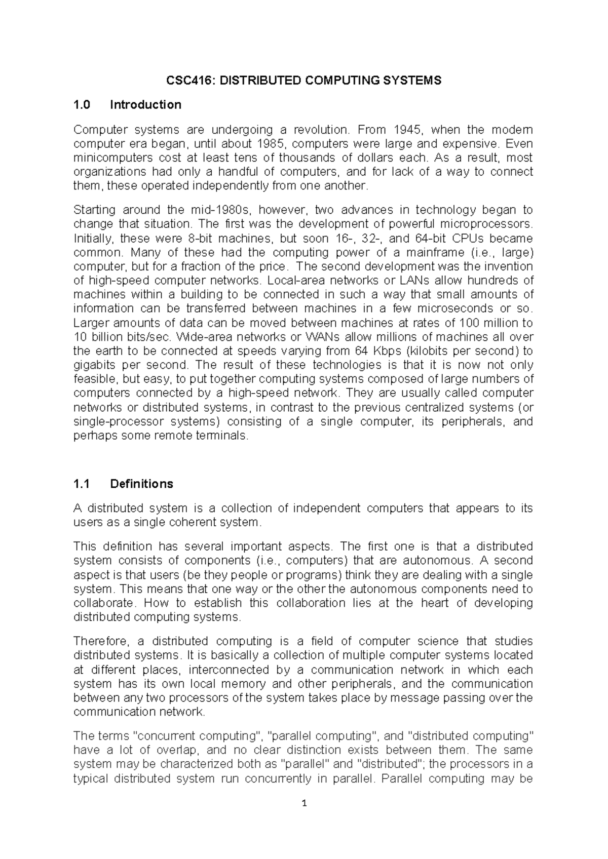 CSC416 - Distributed Systems - CSC416: DISTRIBUTED COMPUTING SYSTEMS 1 Introduction Computer ...