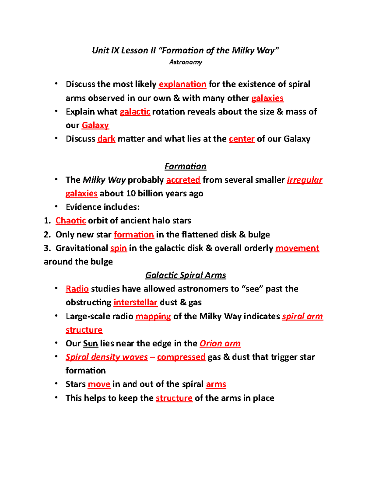 Formation of the Milky Way Notes - Unit IX Lesson II “Formation of the ...