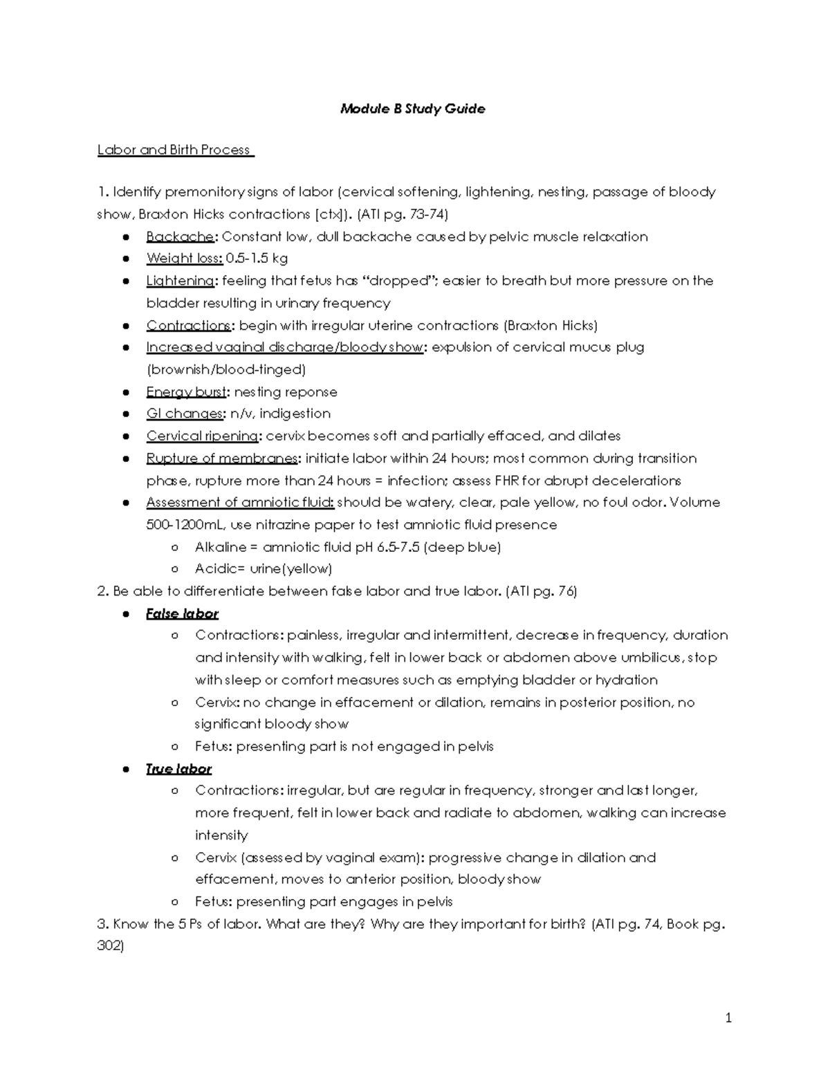 Module B Study Guide - Module B Study Guide Labor and Birth Process ...