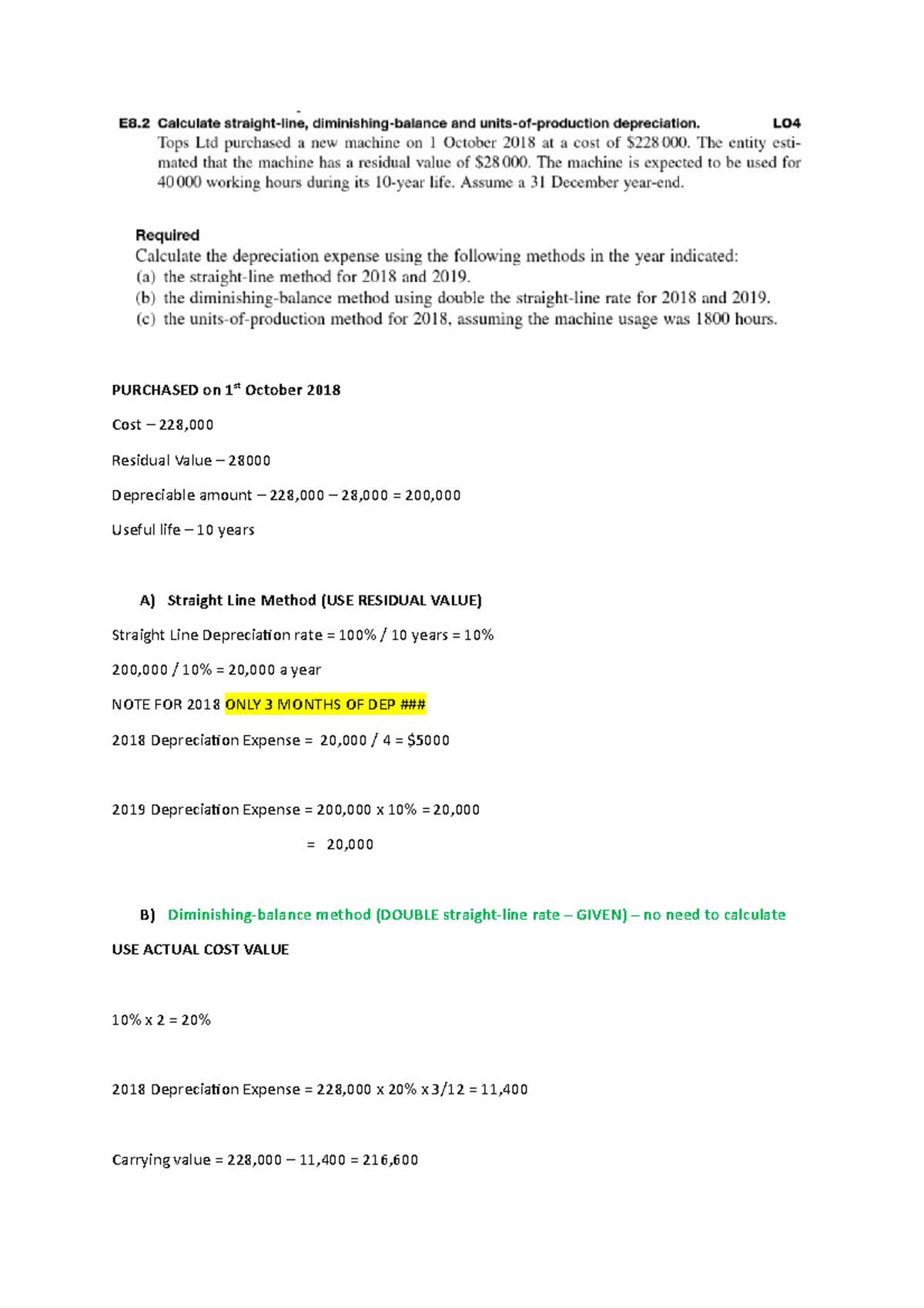 Depreciation Questions - PURCHASED on 1st October 2018 Cost – 228 ...