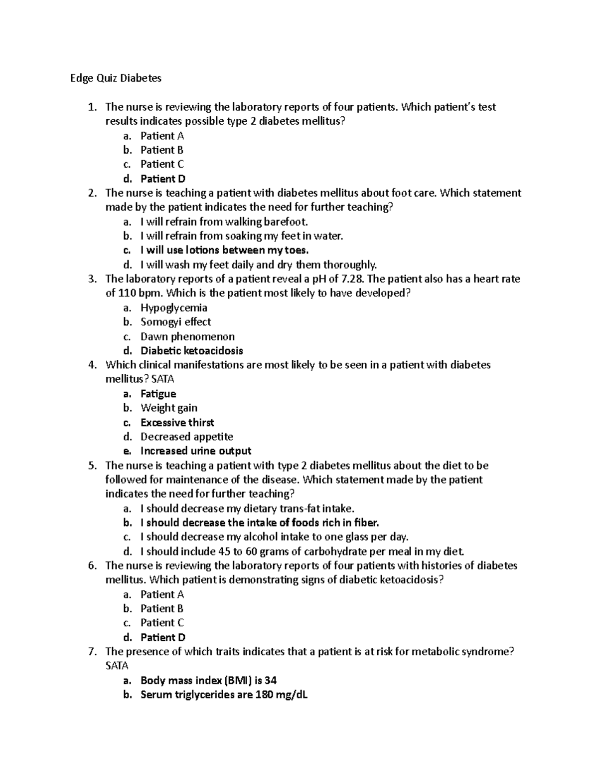 Edge Quiz Diabetes - Edge Quiz Diabetes The nurse is reviewing the ...