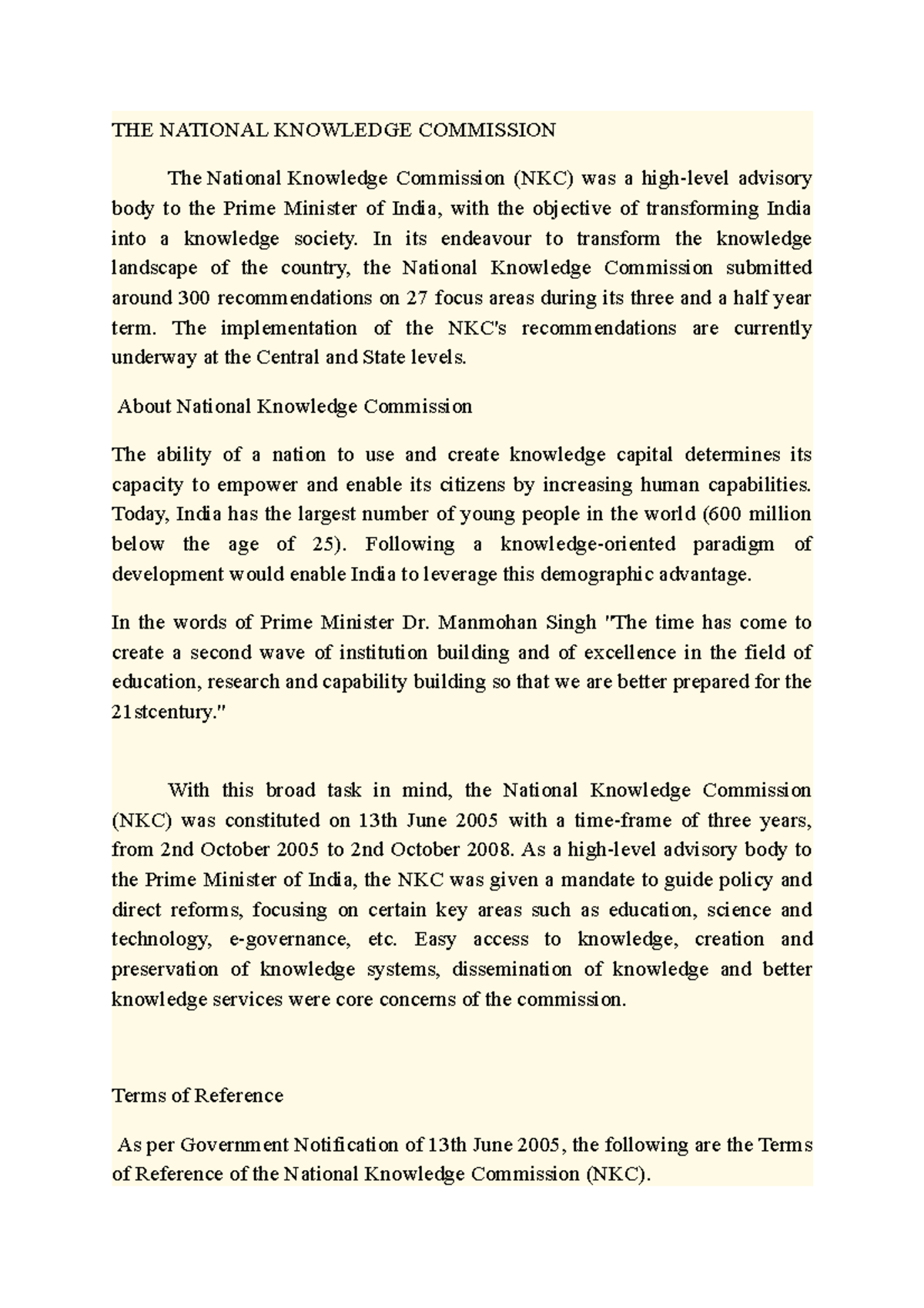 Nkc - Essay on national knowledge commission - THE NATIONAL KNOWLEDGE ...