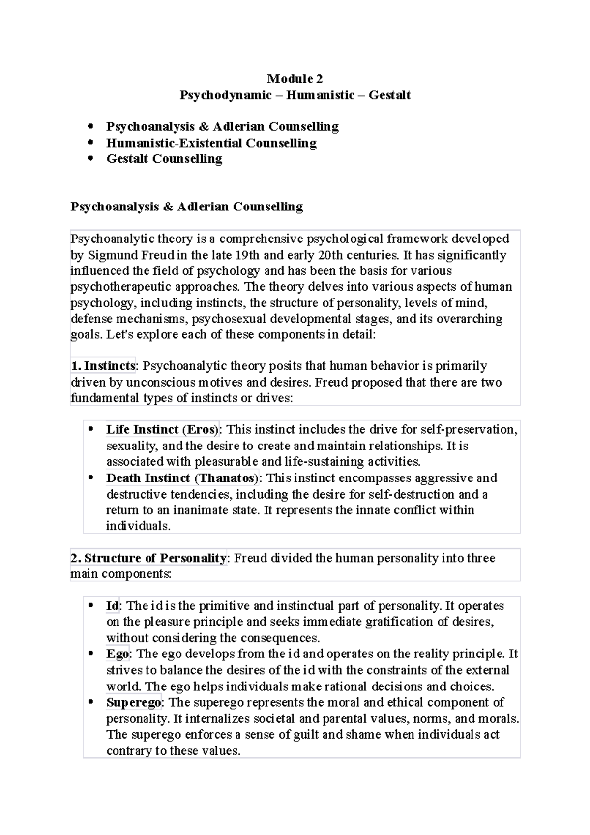 Counselling - Module 2 - Module 2 Psychodynamic – Humanistic – Gestalt ...
