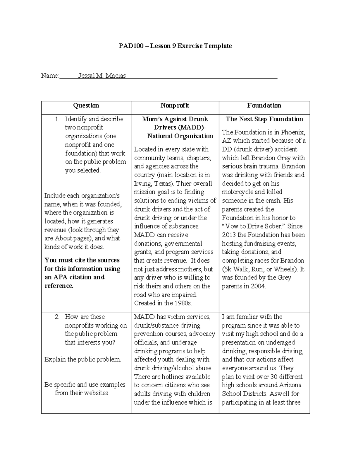 PAD100 – Lesson 9 Exercise Template - PAD100 – Lesson 9 Exercise ...