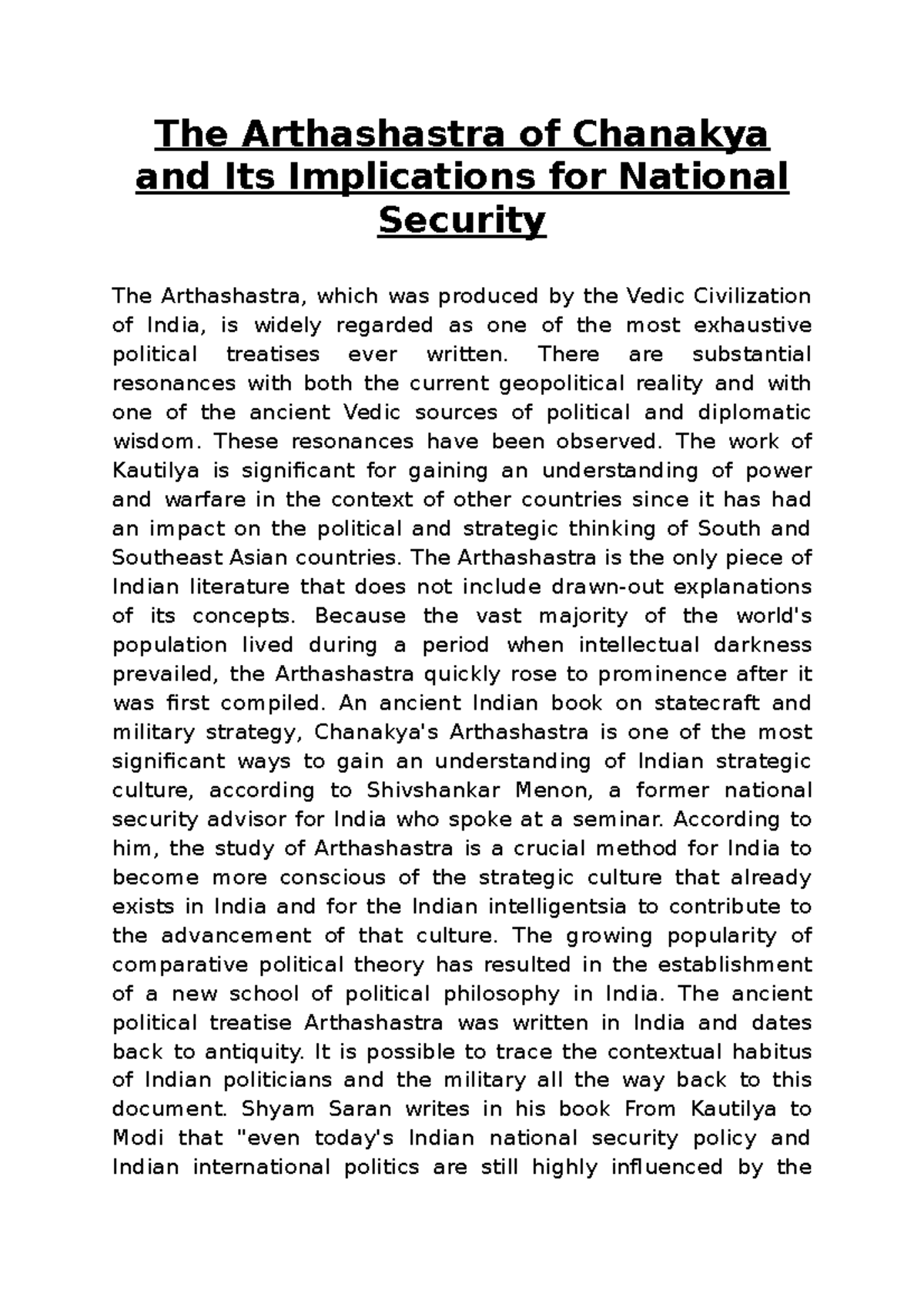 The Arthashastra of Chanakya and Its Implications for National Security ...