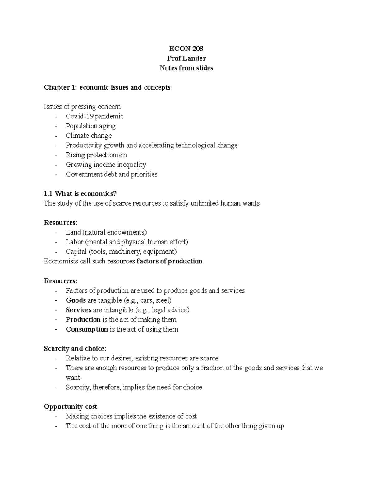 ECON 208 notes from slides chap 1-5 - ECON 208 Prof Lander Notes from ...