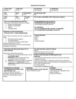 Vancomycin Med Sheet - Medication Worksheet Generic Name Vancomycin ...