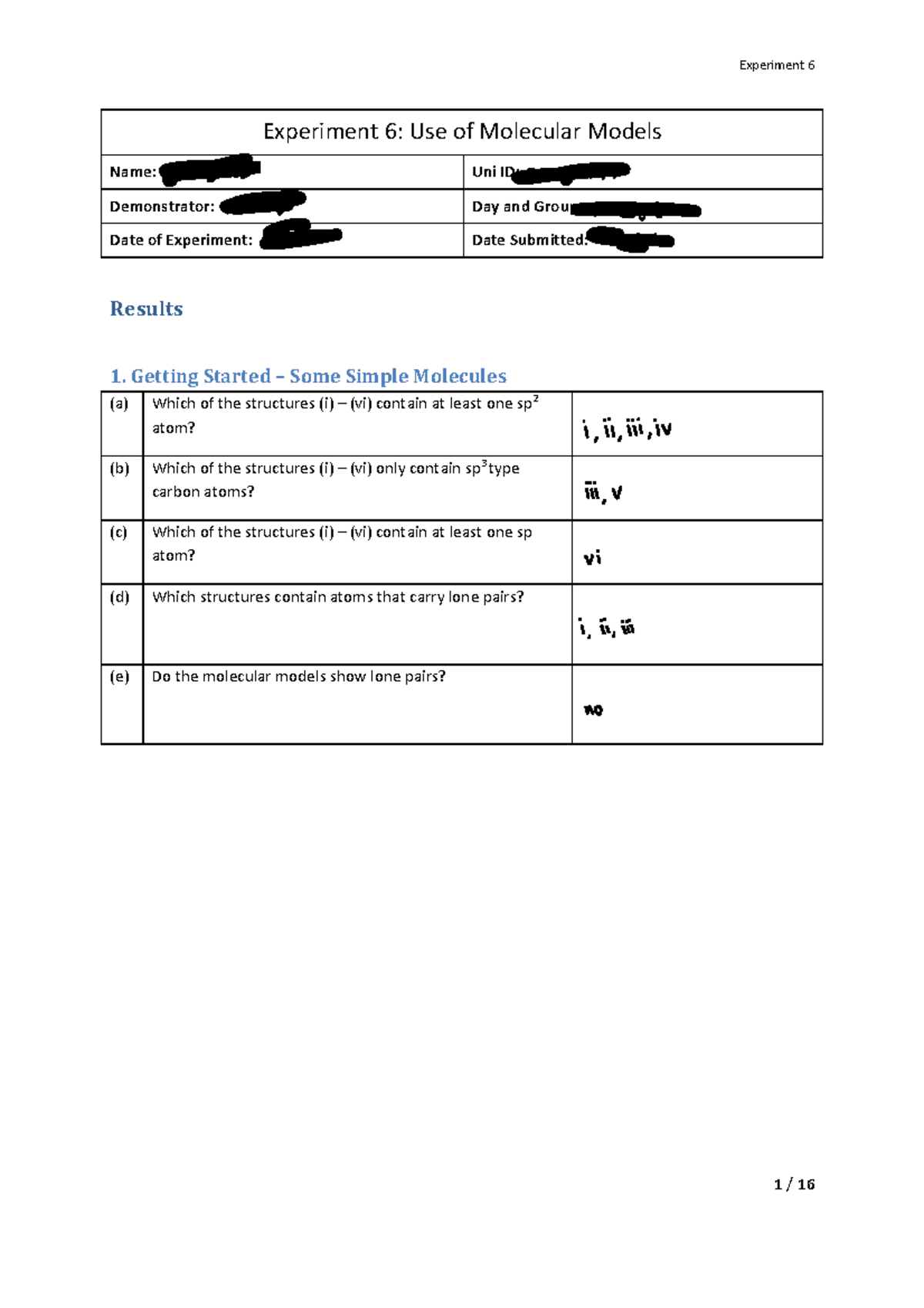 Lab6 - Molecular Models for Structure and Stereochemistry - Experiment ...