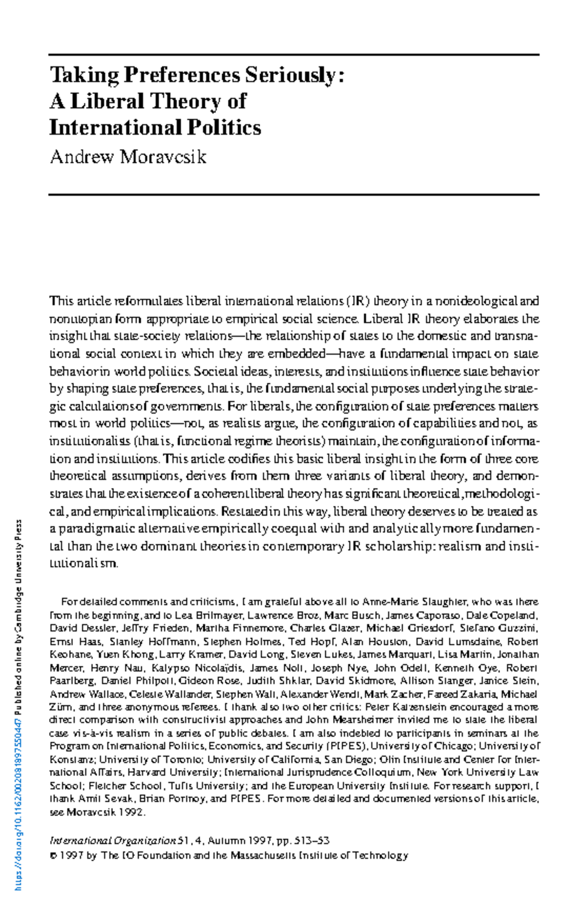 Moravscik - International Relations - Taking Preferences Seriously: A Liberal Theory of - Studocu