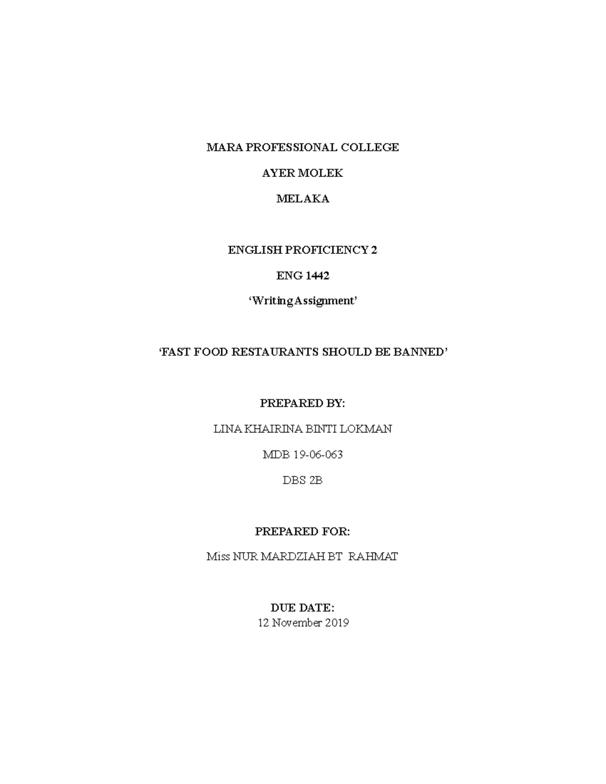 Writing Assignment - MARA PROFESSIONAL COLLEGE AYER MOLEK MELAKA ...