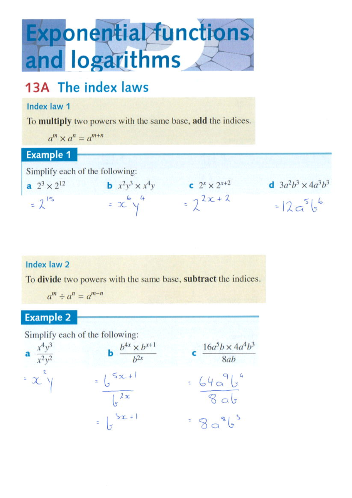 Exponentials & Logarithms - Exponential functions and logarithms 13A The index laws Index law 1 ...