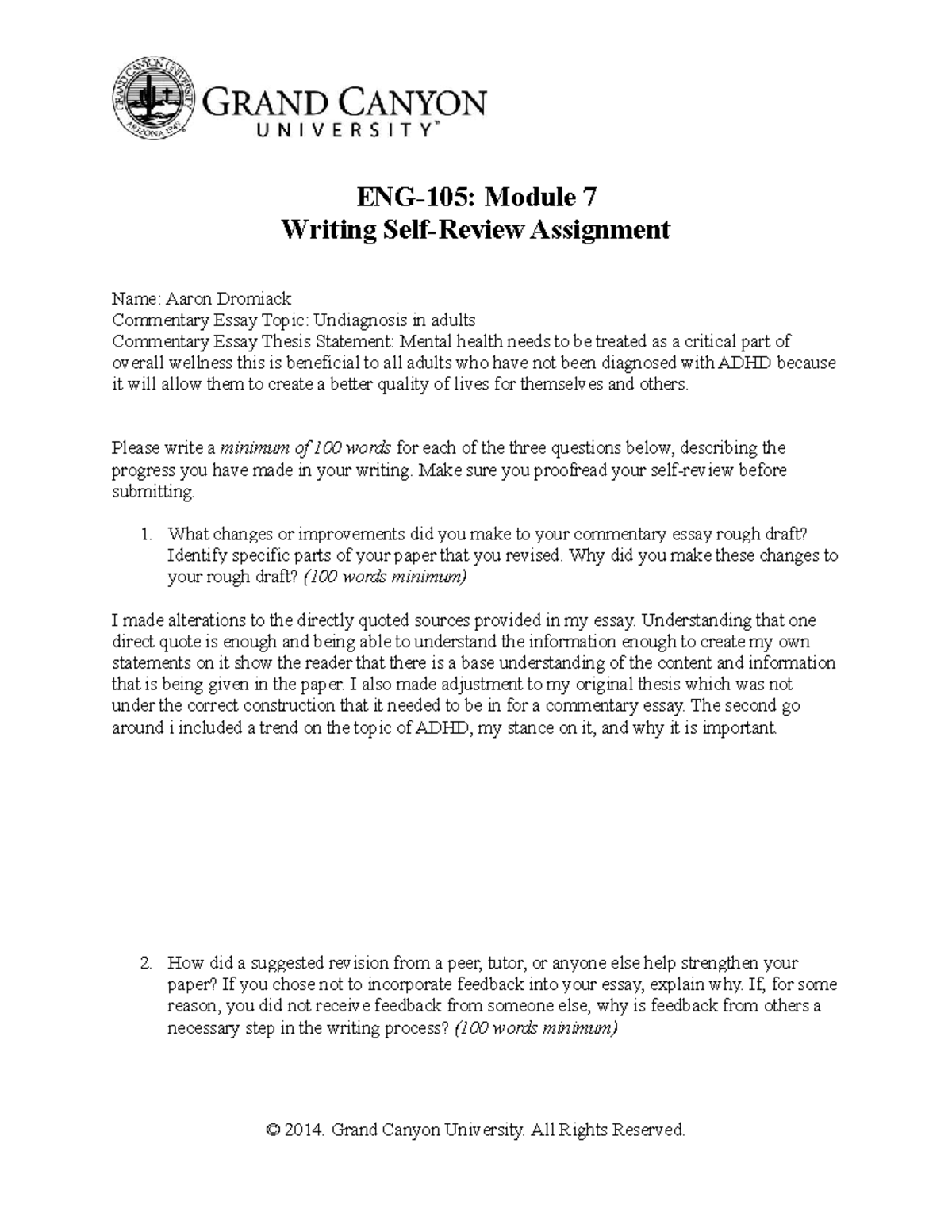 Personal review - School - ENG-105: Module 7 Writing Self-Review ...