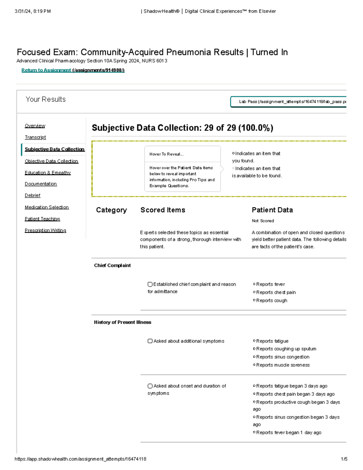 Shadow Health CAP subjective Data - Focused Exam: Community-Acquired ...