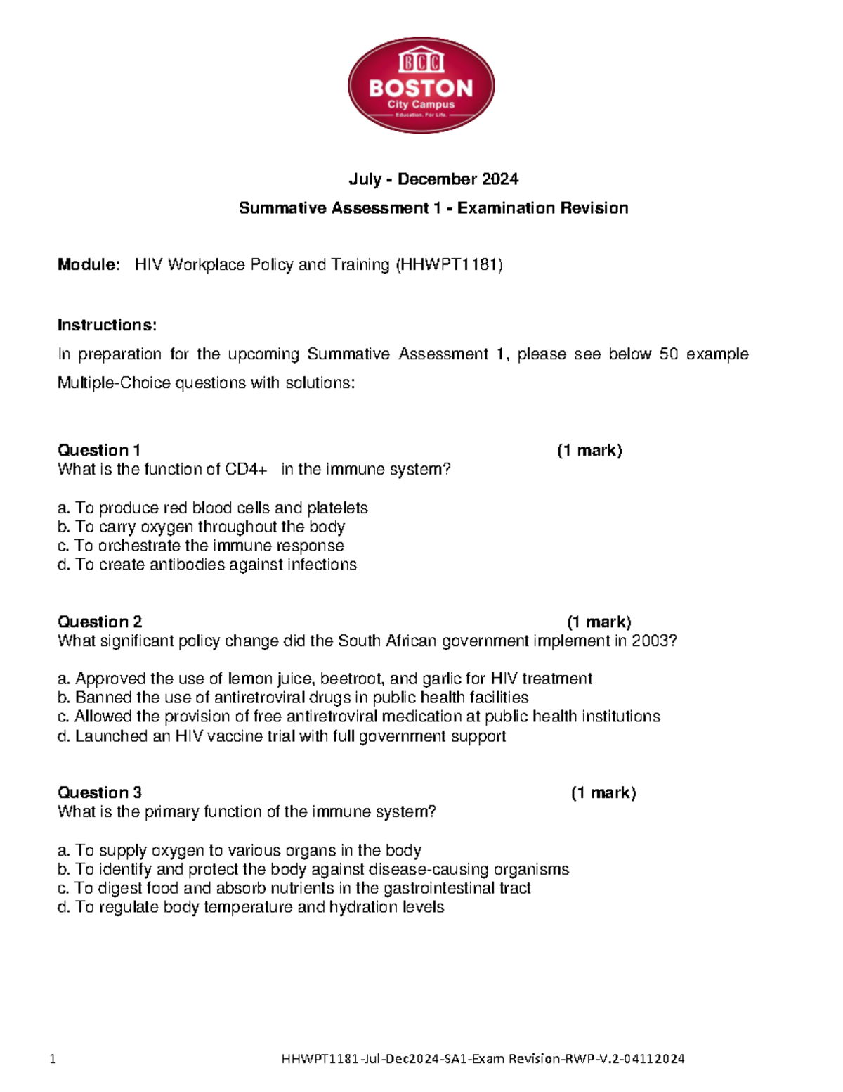 Hhwpt 1181-Jul-Dec2024-SA1-Exam Revision-AM-V - Module: HIV Workplace ...