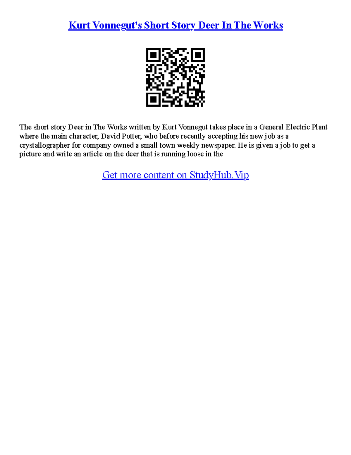 Kurt Vonnegut Essays - Kurt Vonnegut's Short Story Deer In The Works ...