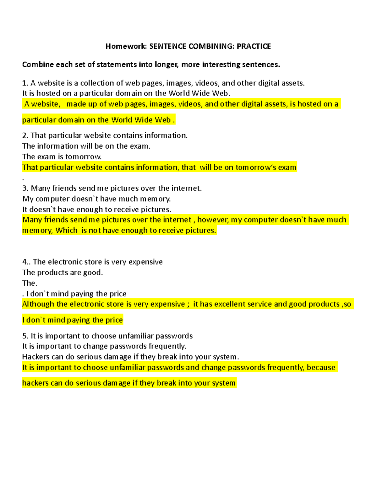 English Sentence Types 4 - Homework: SENTENCE COMBINING: PRACTICE ...