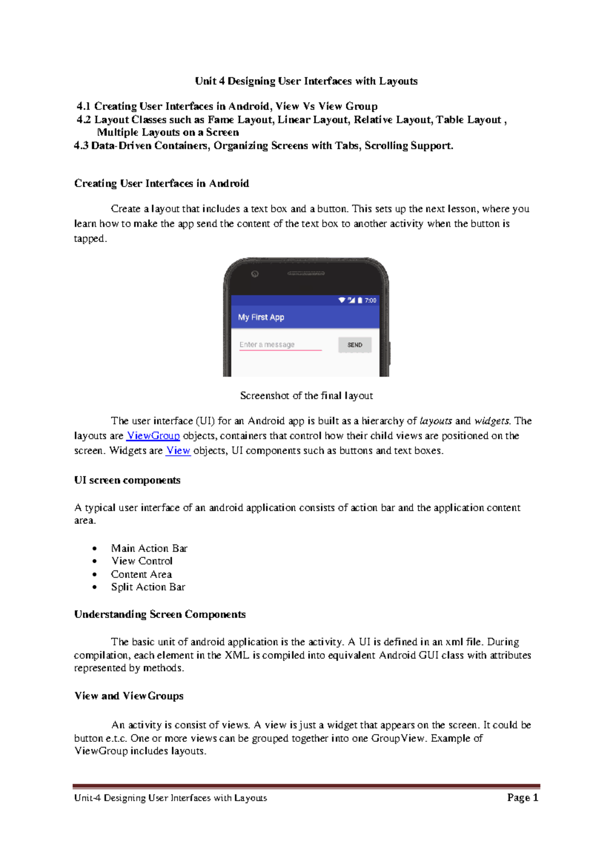 Unit 4 Designing User Interfaces with Layouts - Creating User Interfaces in Android Create a ...