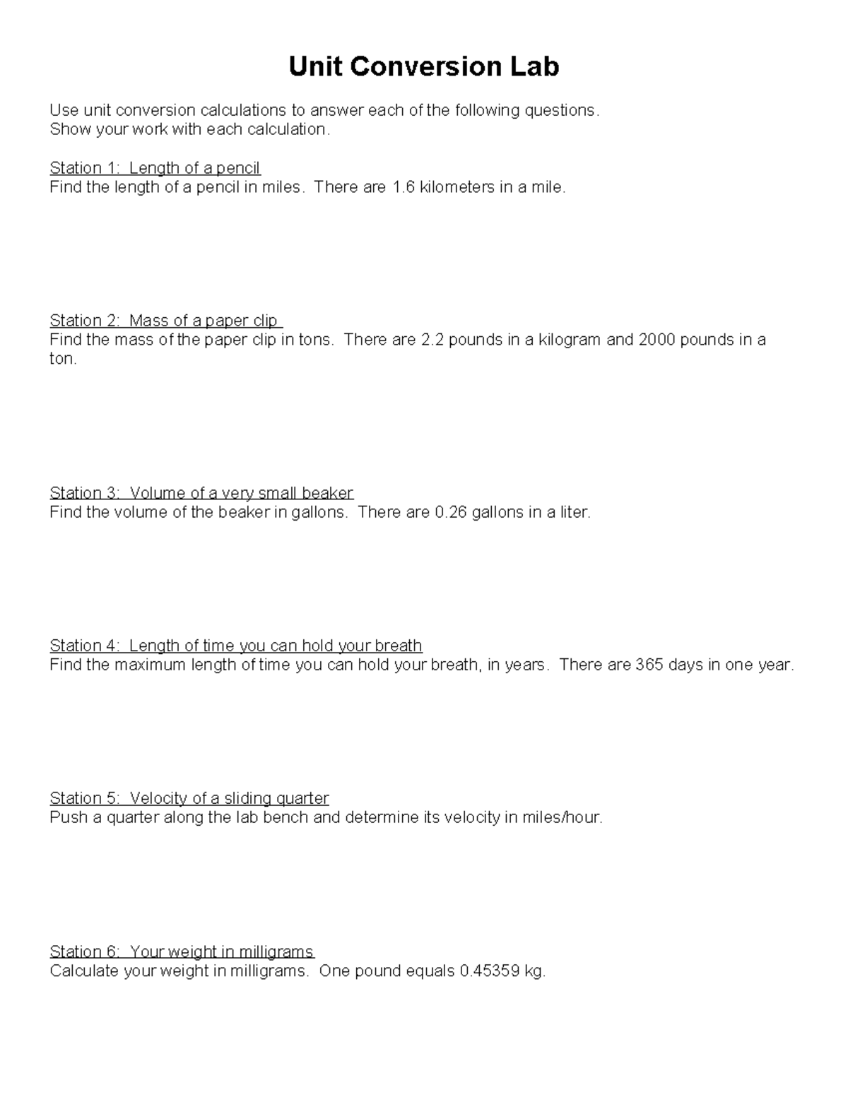 Unit Conversion Lab - This lab is used to practice making precise ...