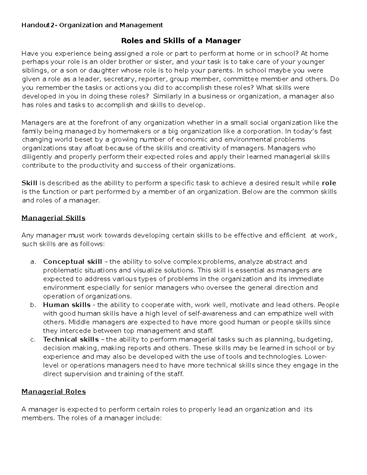 Handout 2-Mgt - Handout2- Organization and Management Roles and Skills ...