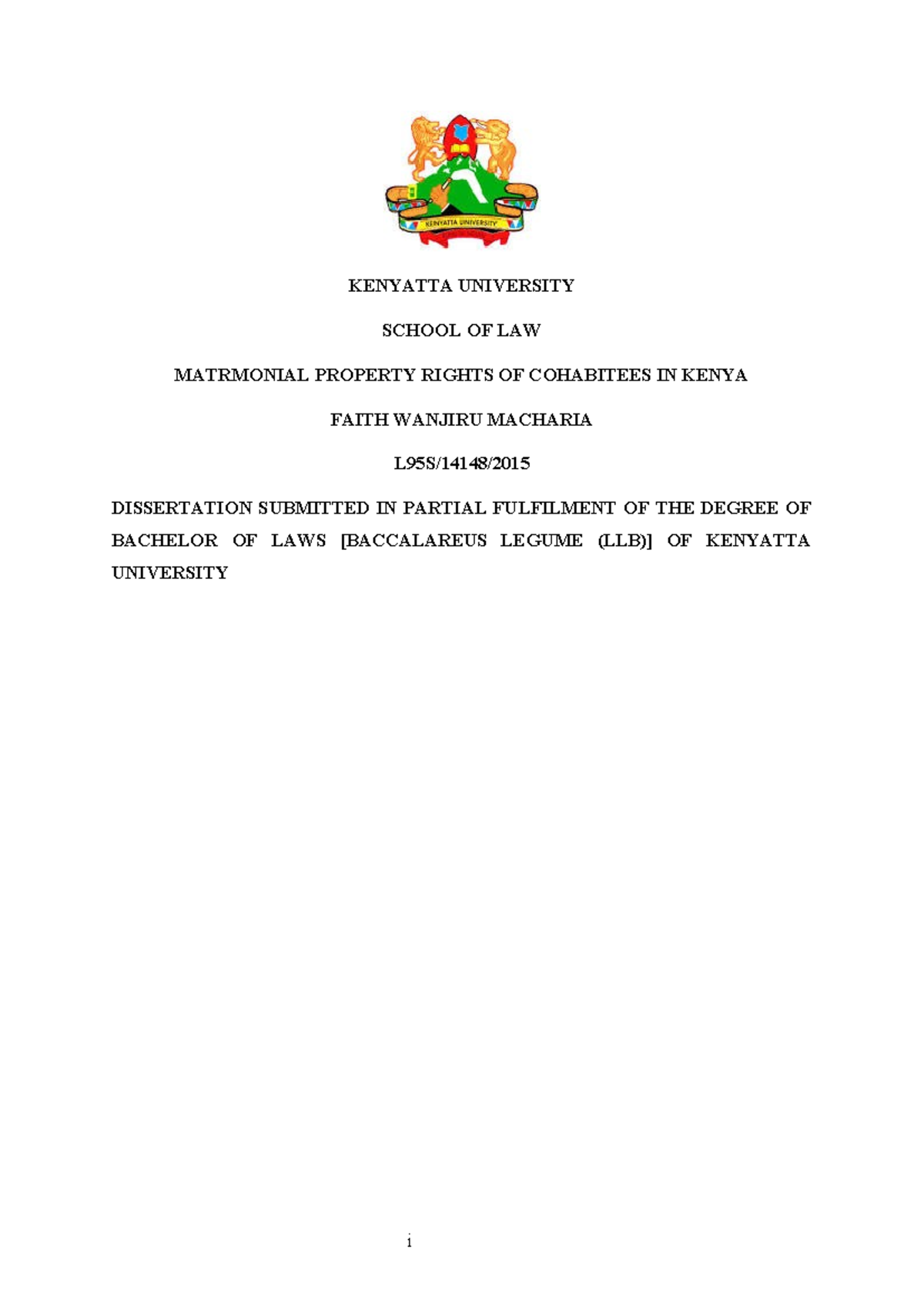 Final - i KENYATTA UNIVERSITY SCHOOL OF LAW MATRMONIAL PROPERTY RIGHTS ...