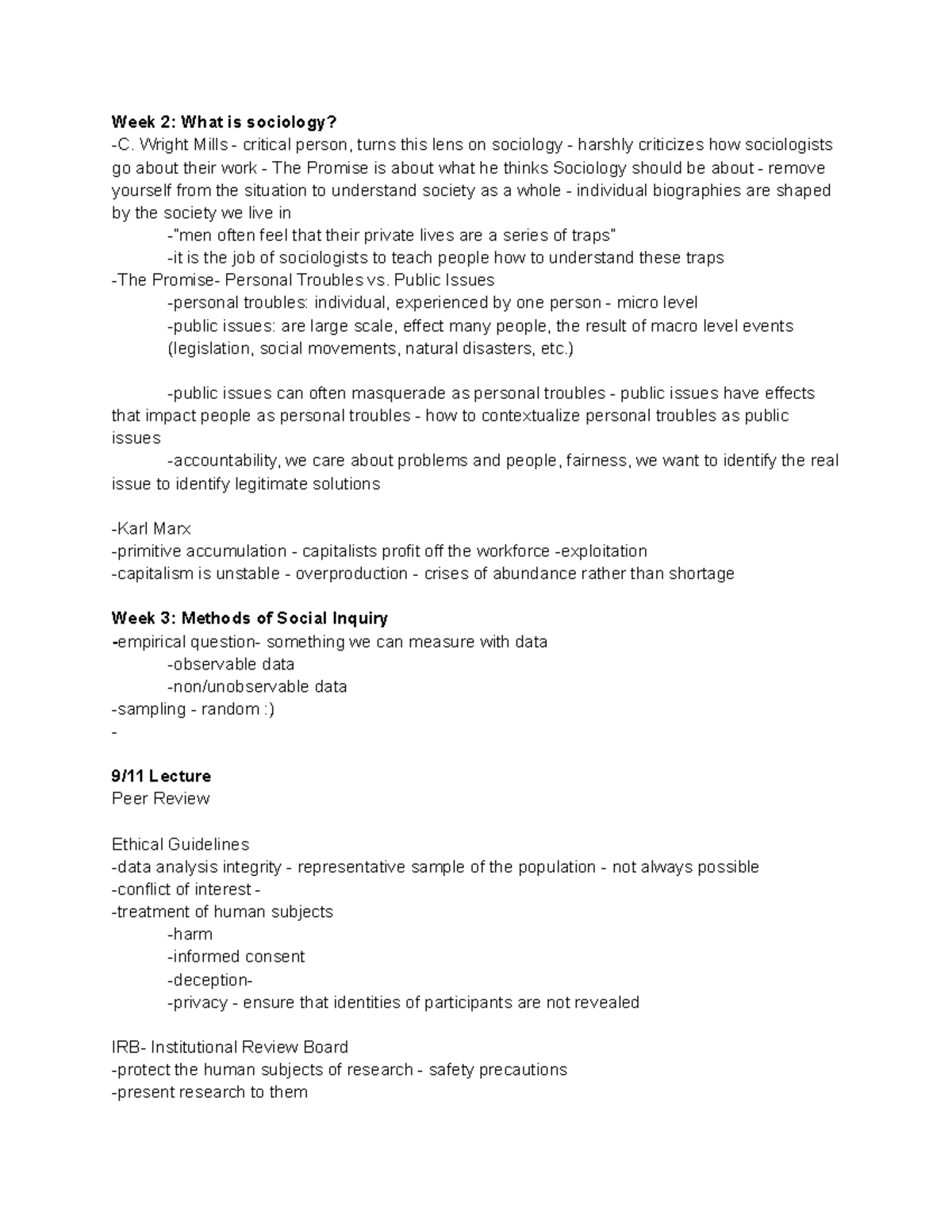 SOC 302 Class Notes - Week 2: What is sociology? -C. Wright Mills ...