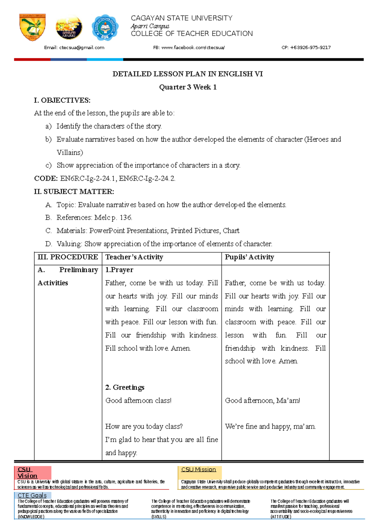 ENGLISH 6 LESSON PLAN - Aparri Campus COLLEGE OF TEACHER EDUCATION ...