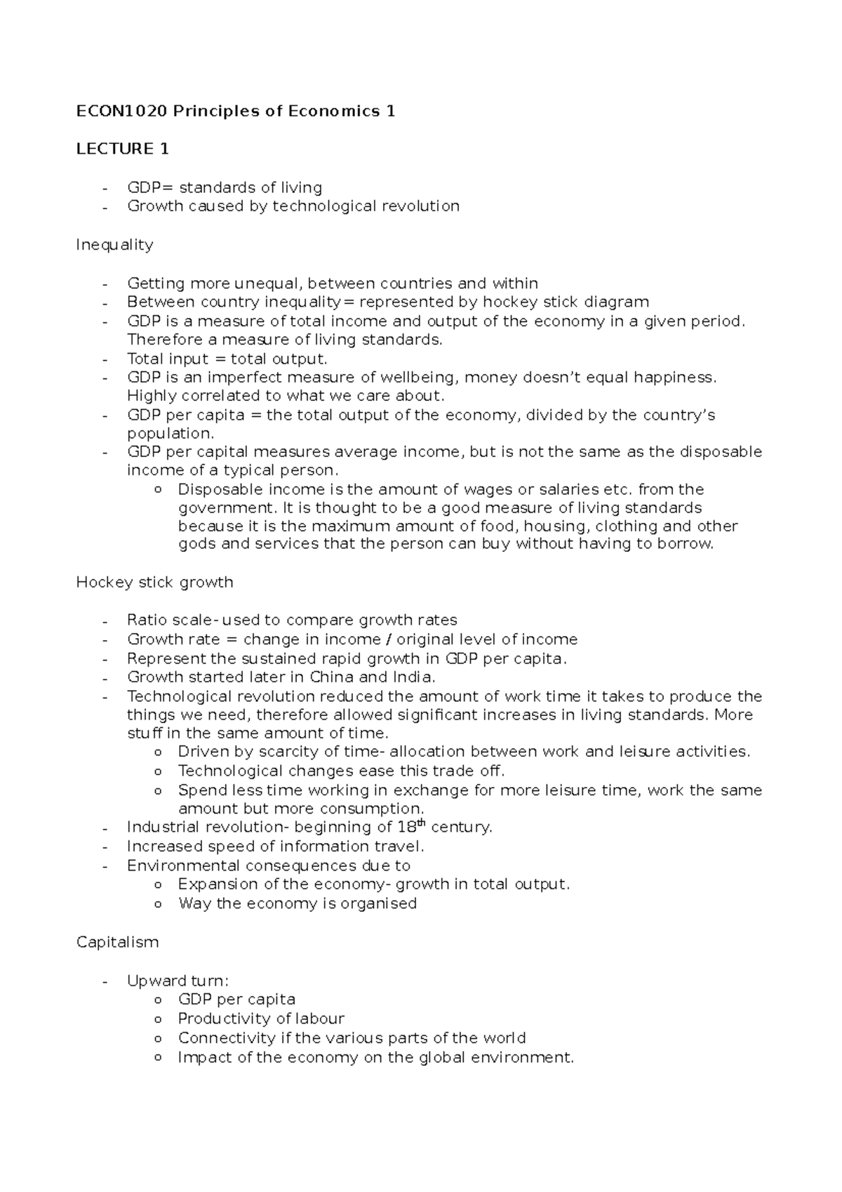 Eco weeks 1-4 notes - ECON1020 Principles of Economics 1 LECTURE 1 GDP ...