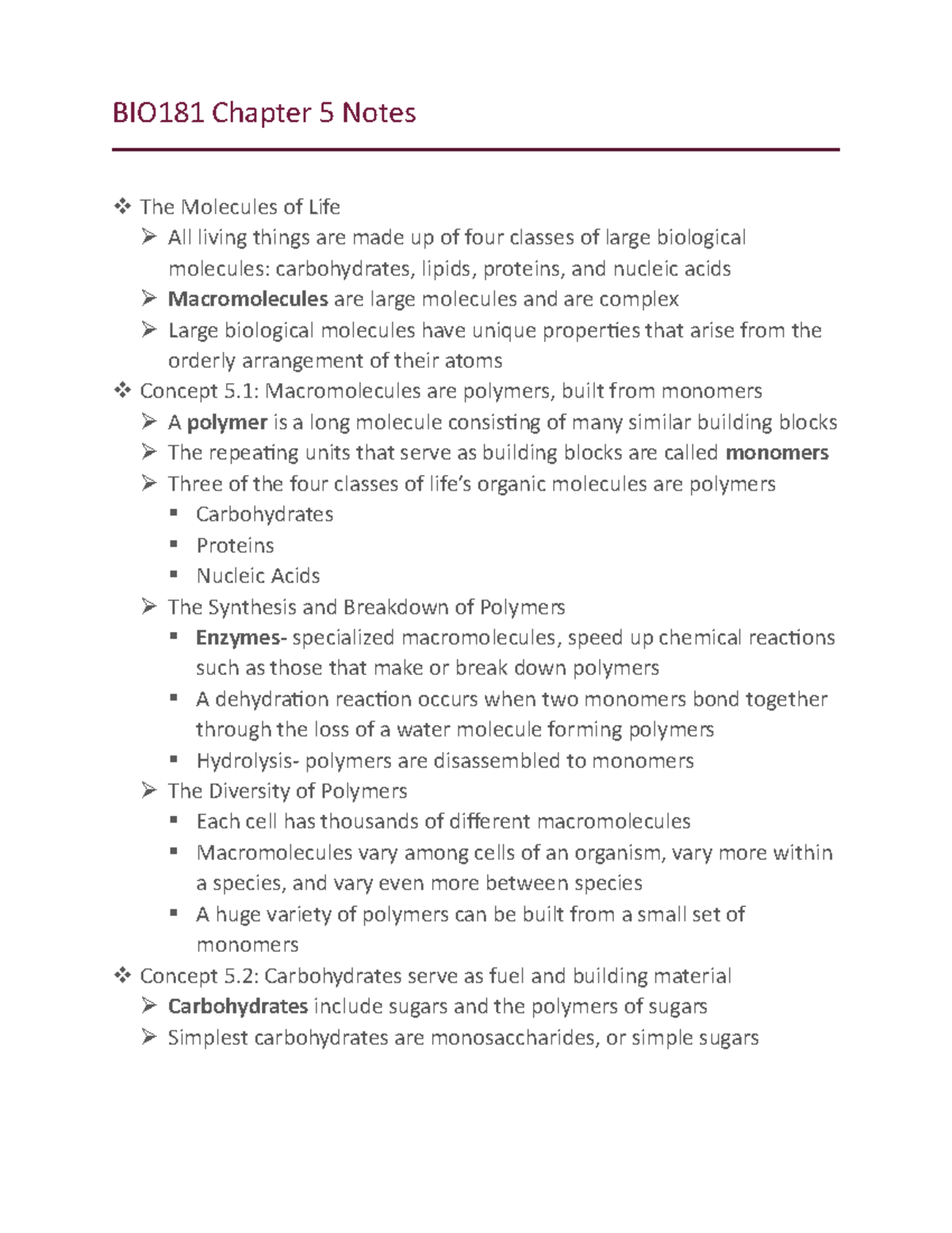 BIO181 Chapter 5 Notes - BIO181 Chapter 5 Notes The Molecules of Life ...