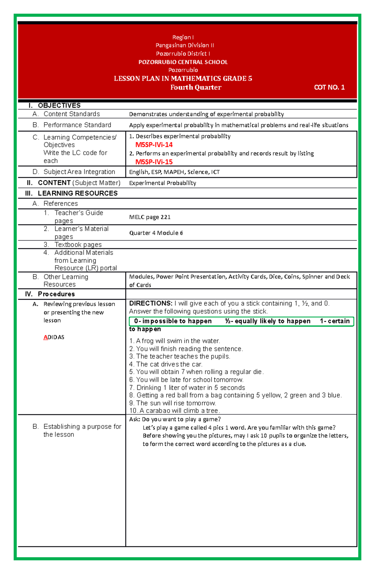 COT Lesson PLAN 2022 2023 - Region I Pangasinan Division II Pozorrubio ...