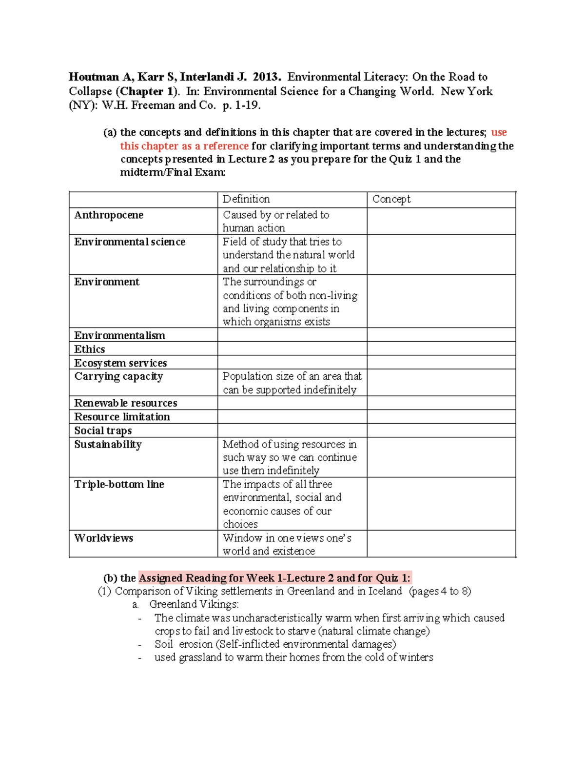 Week 1 Lecture Notes Houtman A Karr S Interlandi J 2013 Environmental Literacy On The