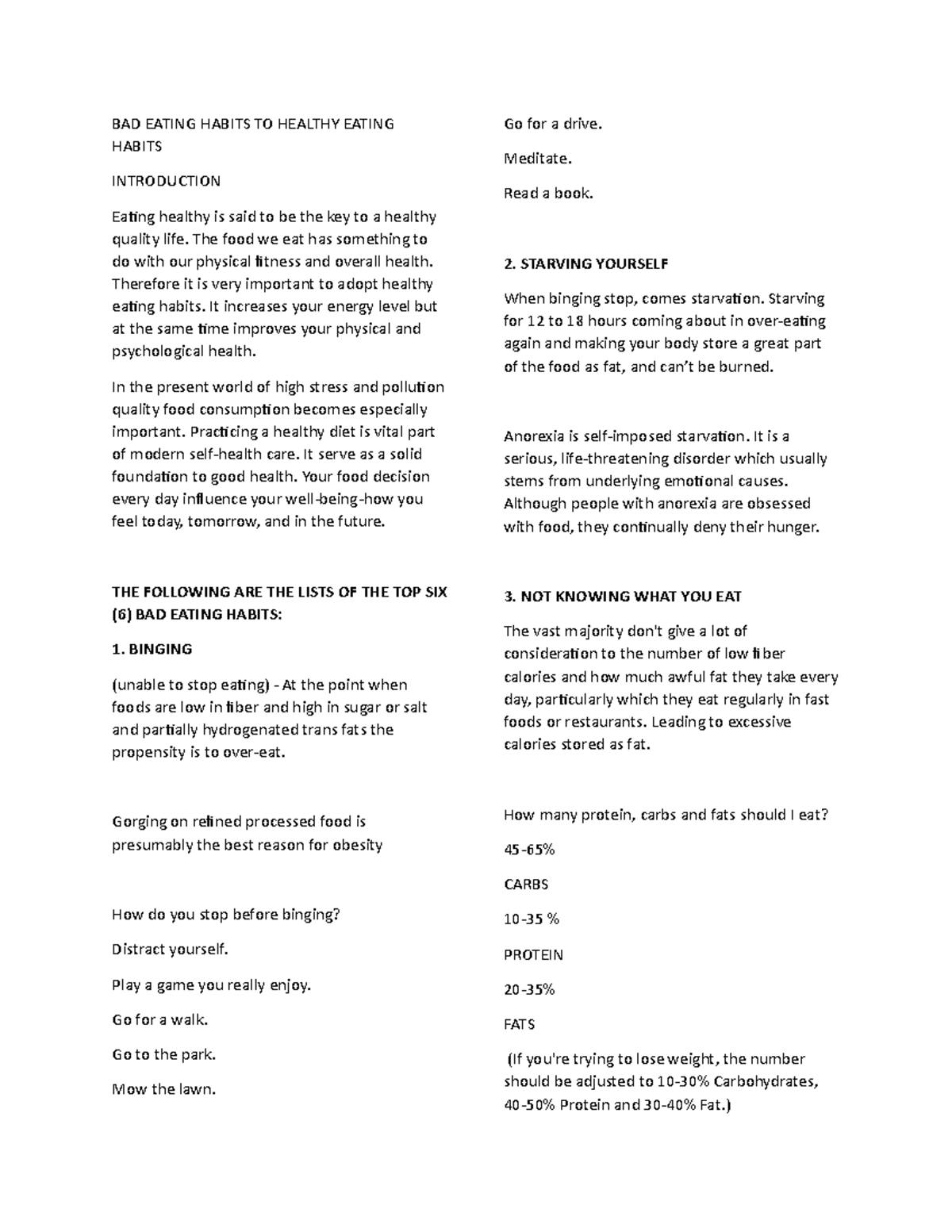 Eating habits - Lecture notes 2 - BAD EATING HABITS TO HEALTHY EATING ...