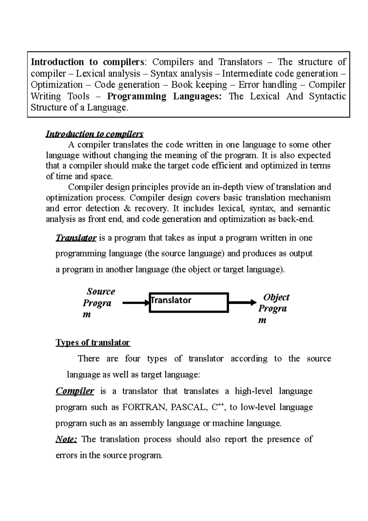 PCD-unit 1 - NIL - Introduction to compilers: Compilers and Translators ...