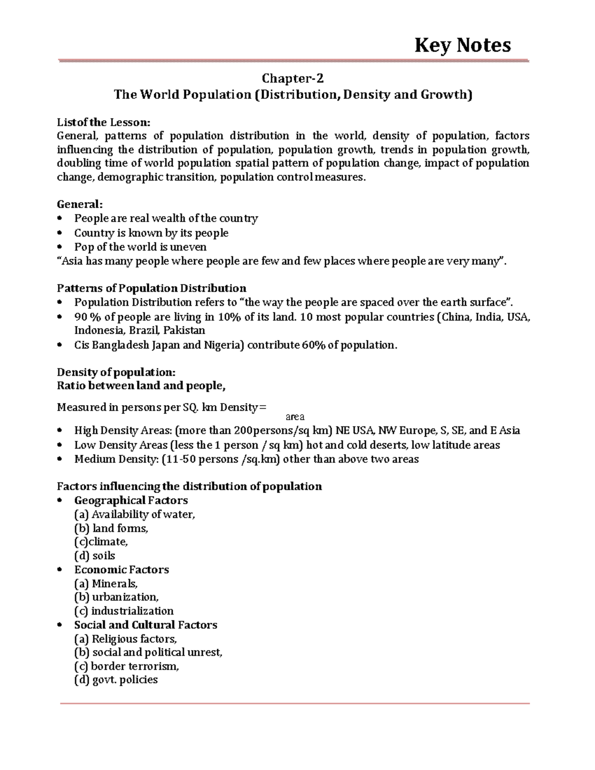 B1 12 geography key notes ch 02 the world population - Key Notes ...