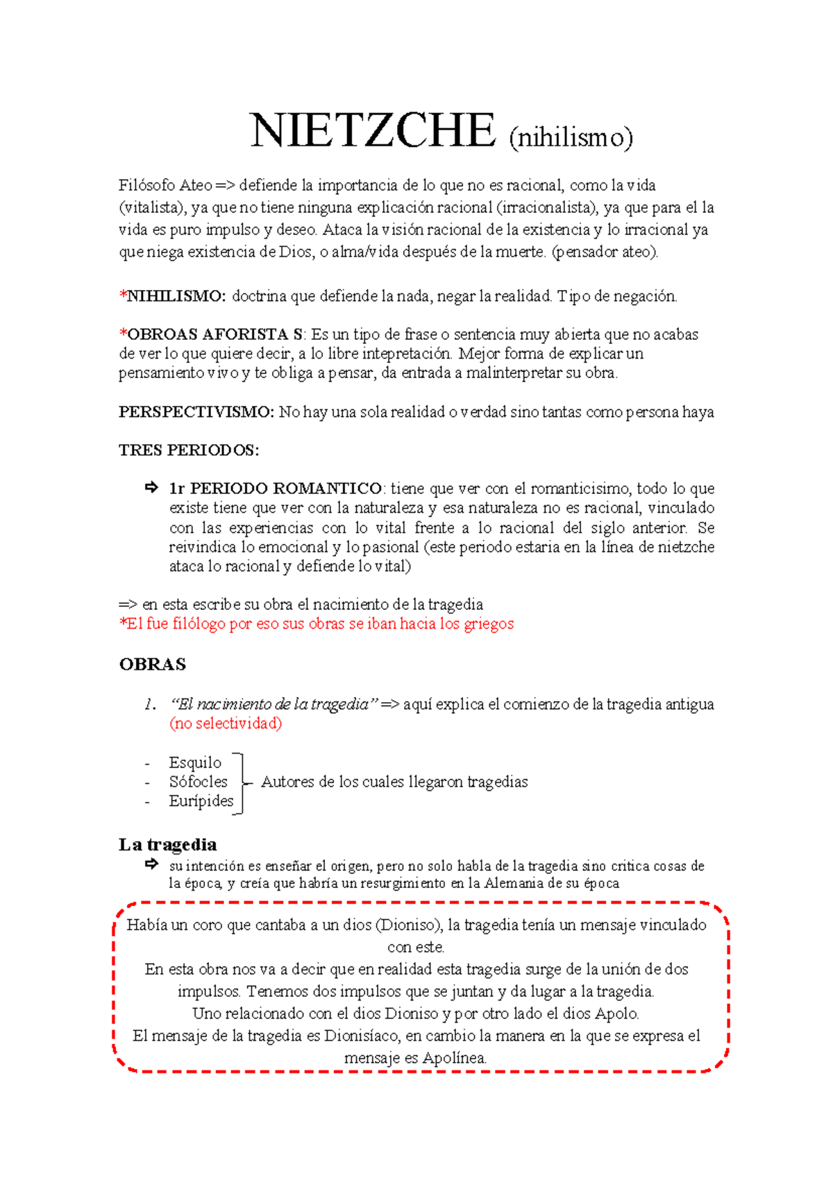 Nietzche - Apuntes - NIETZCHE (nihilismo) Filósofo Ateo => defiende la ...