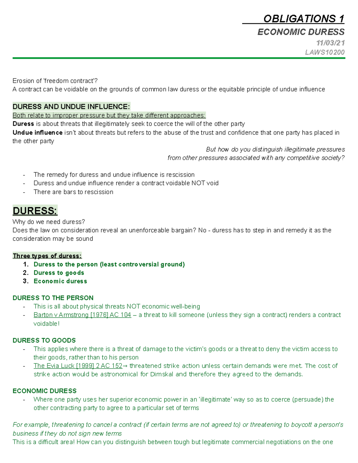 13) economic duress - OBLIGATIONS 1 ECONOMIC DURESS 11/03/ LAWS Erosion ...