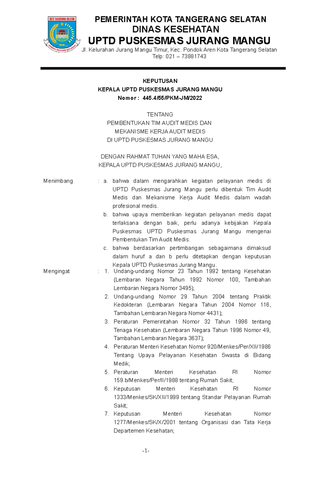 SK Pembentukan TIM Audit Medis - PEMERINTAH KOTA TANGERANG SELATAN ...