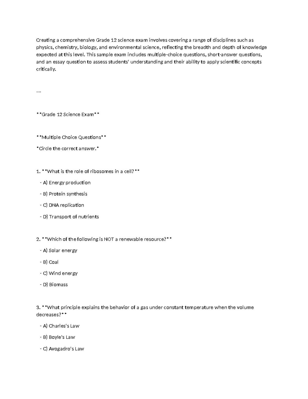 10 10 - D - Creating a comprehensive Grade 12 science exam involves ...