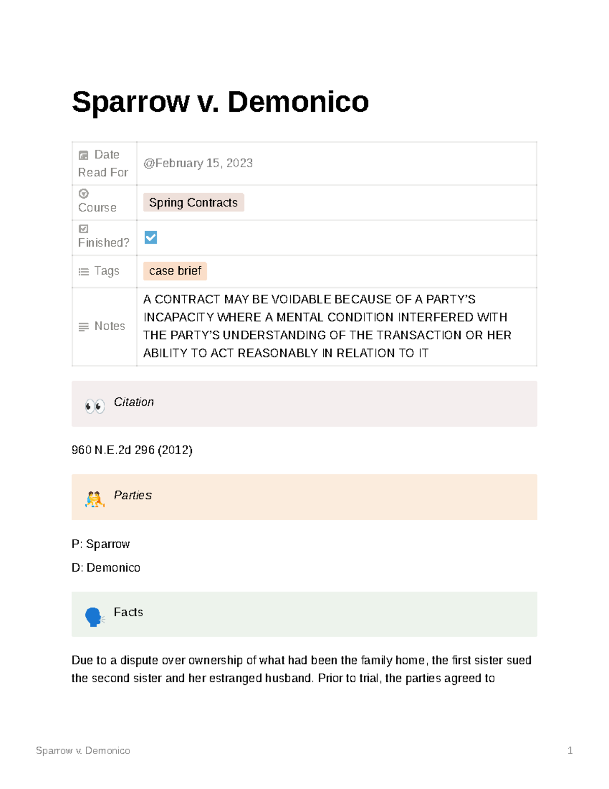 Sparrow v. Demonico - Sparrow v. Demonico 1 Sparrow v. Demonico Date Read For Course Spring ...