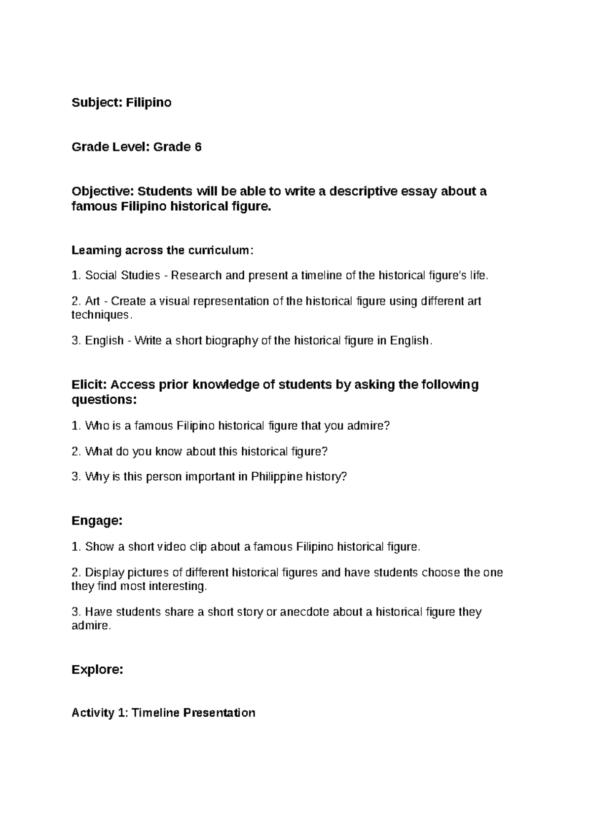 Lesson plan - Subject: Filipino Grade Level: Grade 6 Objective ...