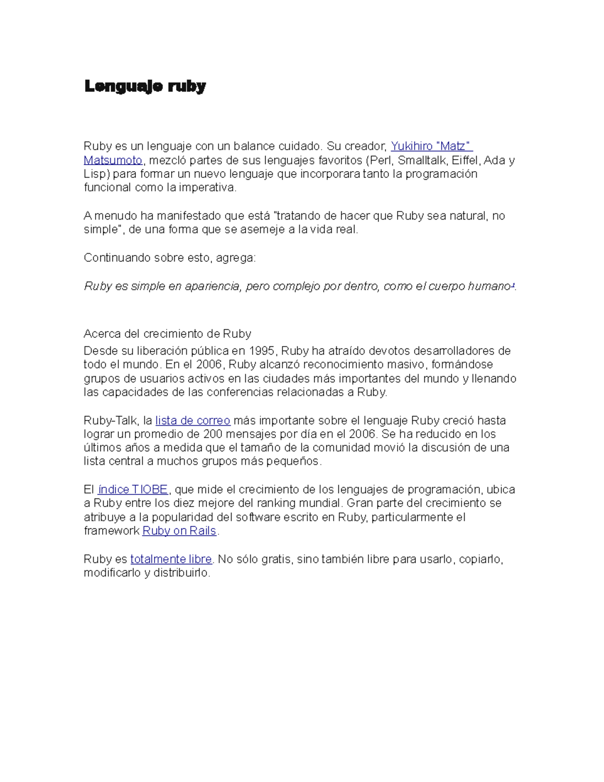 Lenguaje ruby - introducion a la programacion - Lenguaje ruby Ruby es un lenguaje con un balance ...