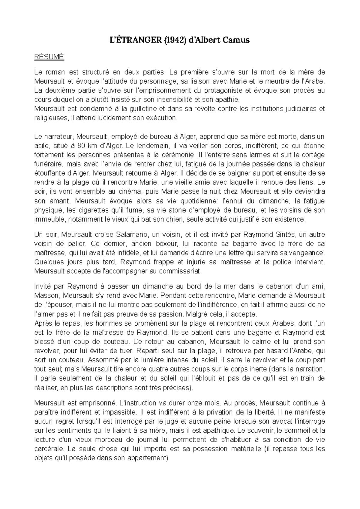 L'Etranger de Albert Camus - L’ÉTRANGER (1942) d’Albert Camus RÉSUMÉ Le ...
