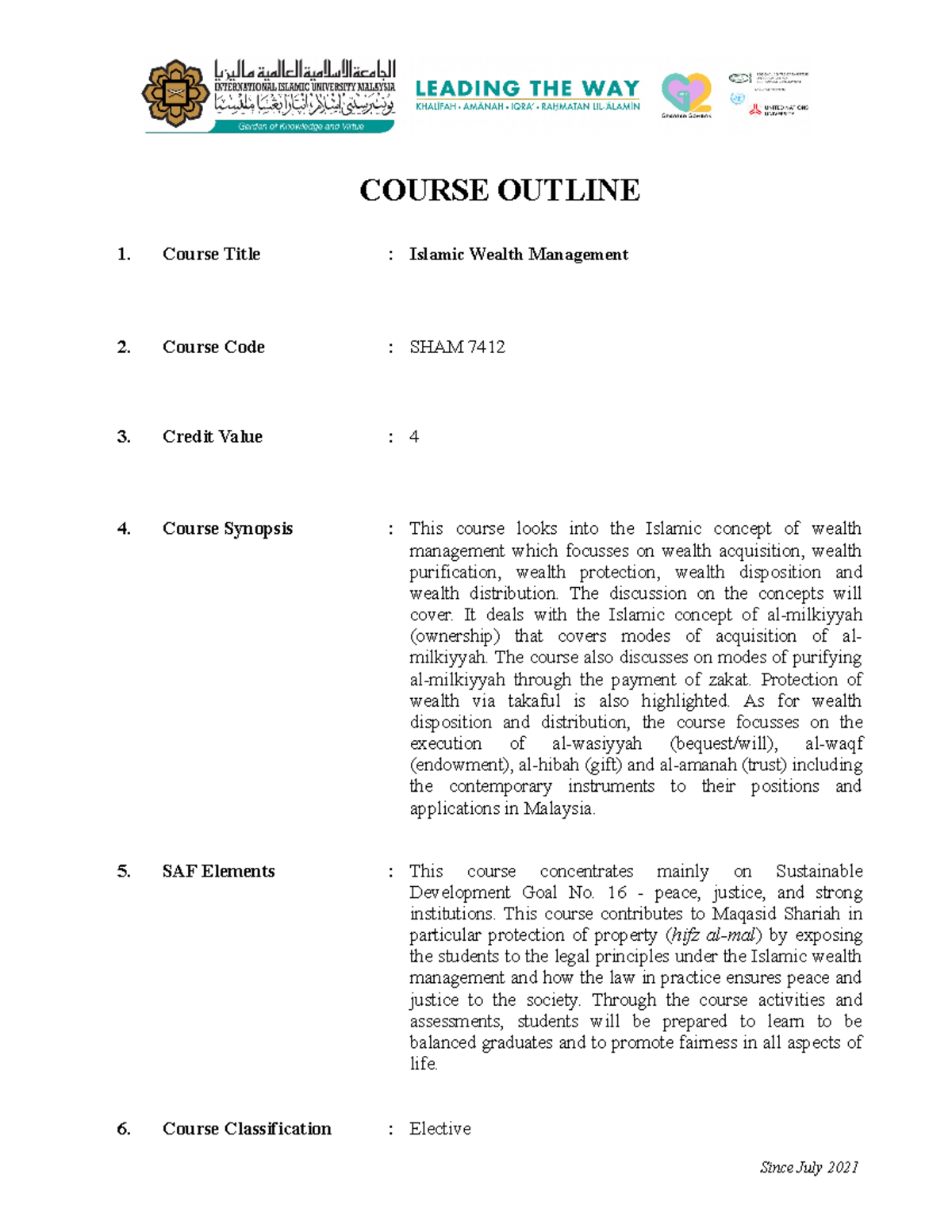 3. Islamic Wealth Management - COURSE OUTLINE Course Title : Islamic ...