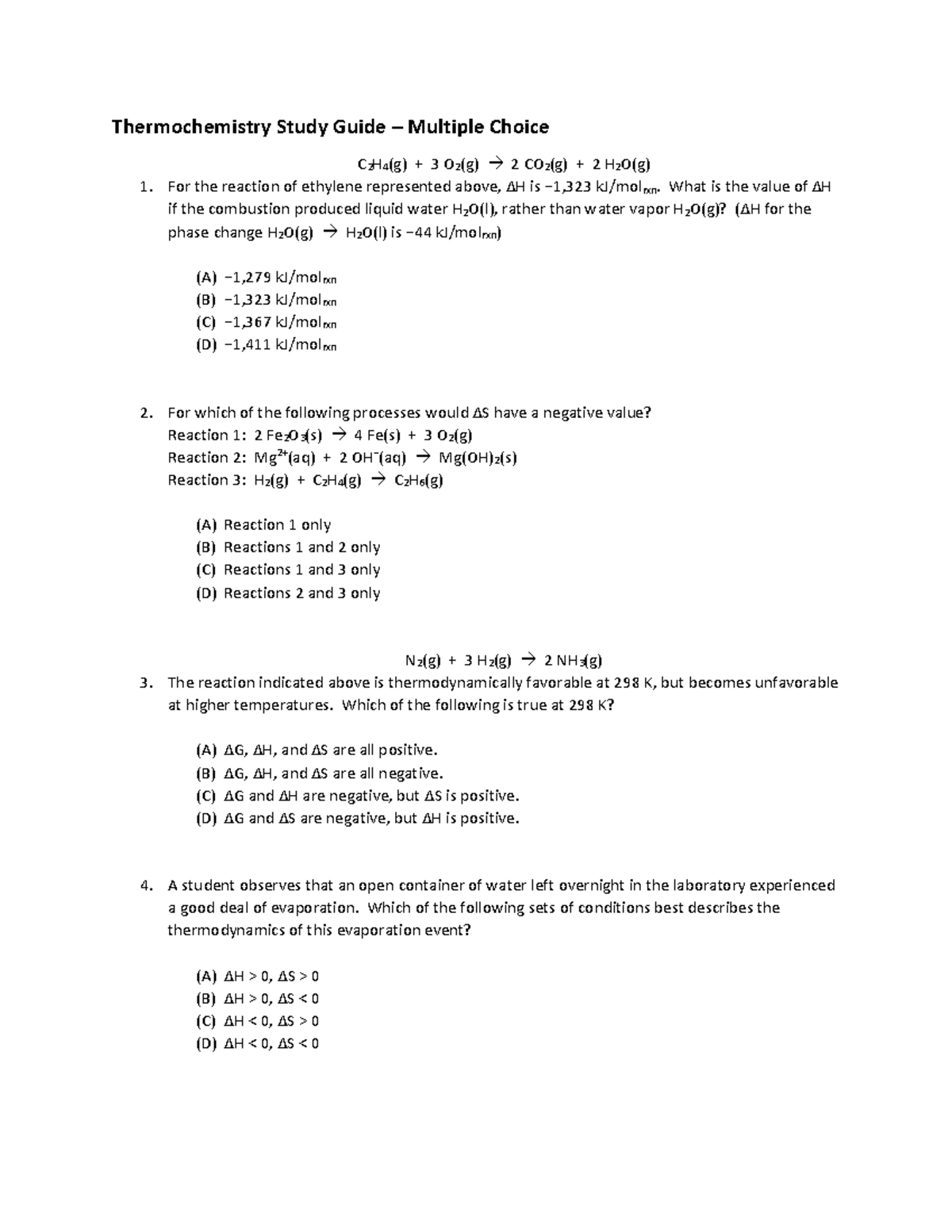 Study guide thermo mc student - Thermochemistry Study Guide – Multiple ...